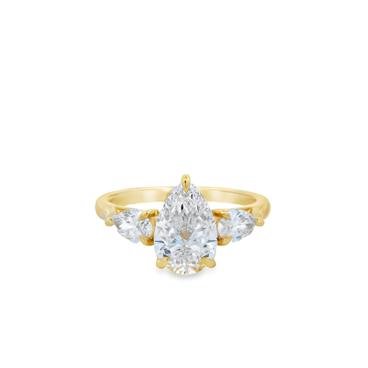 18ct Yellow Gold Pear Trilogy Ring Featuring a 1.51ct Pear Lab Grown D ...