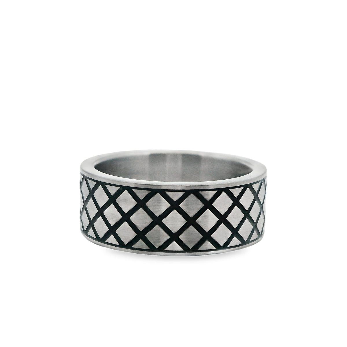 Mens Stainless Steel Ring 8mm in Width with Black Enamel Diamond Patte ...